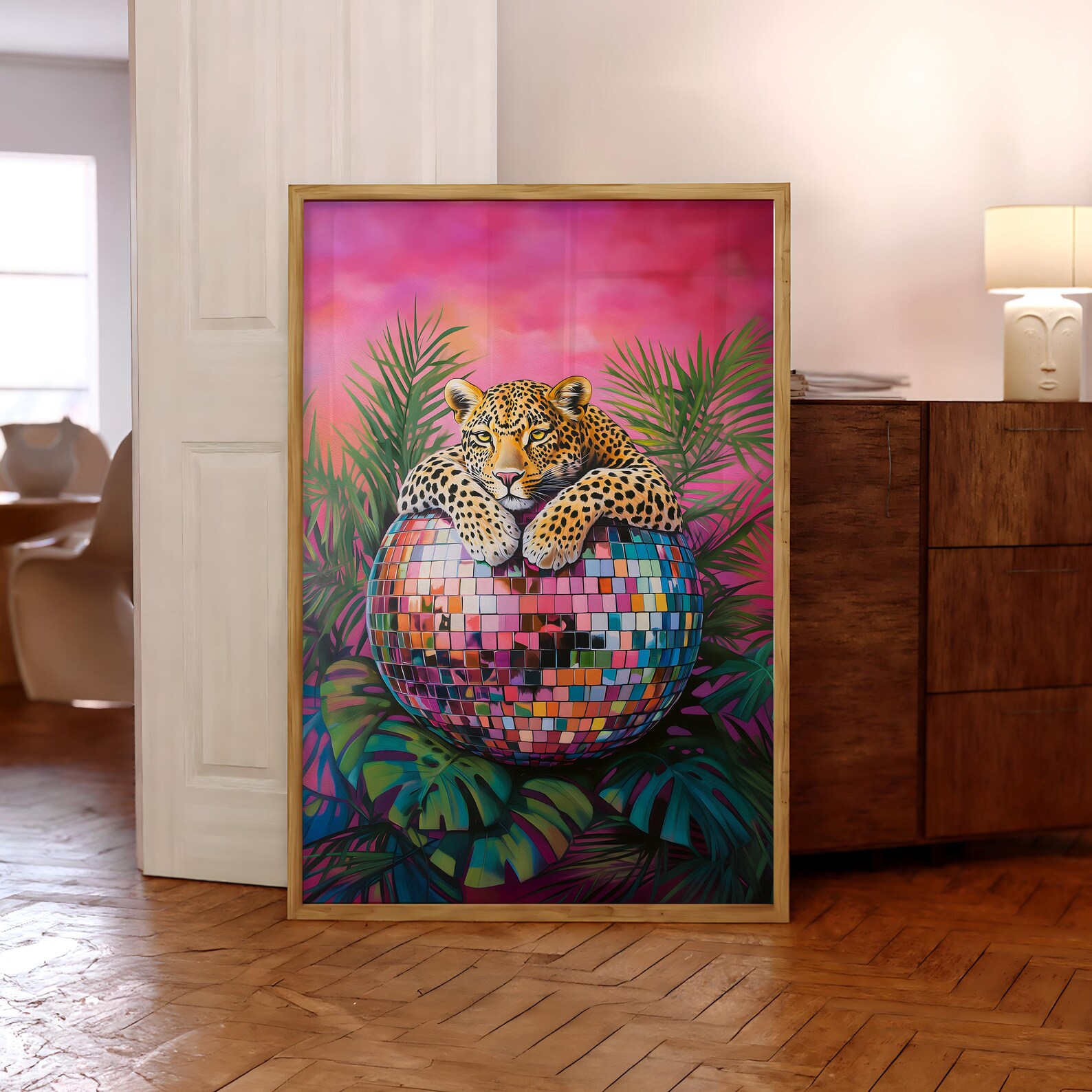 Leopard on Disco Ball Poster, Leopard Wall Art, Maximalist Wall Decor ...