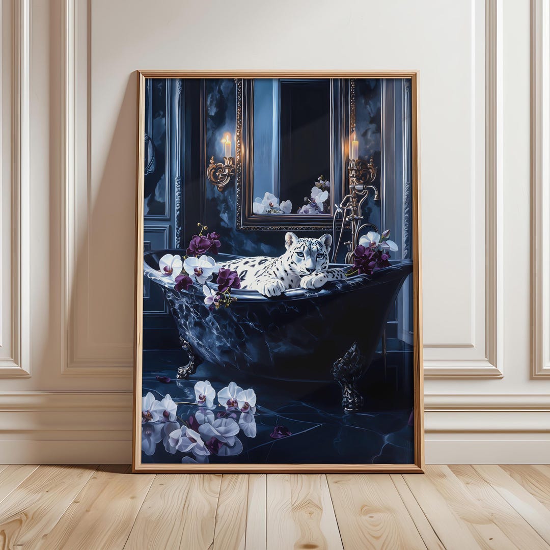 Snow Leopard Floral Bathtub Print, Cheetah Bathroom Poster, Luxury Wall ...