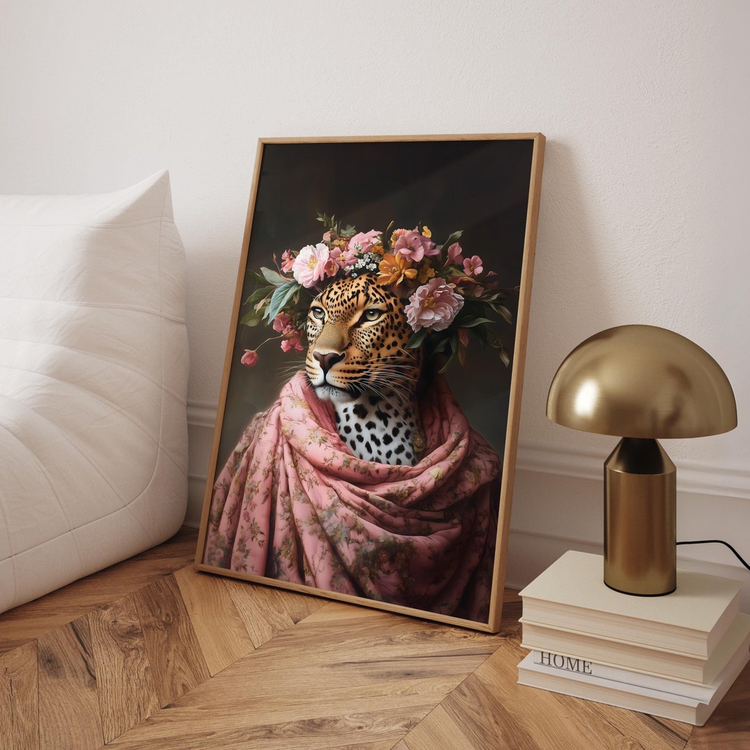 Leopard With Floral Crown Poster, Leopard Wall Art, Maximalist Wall ...