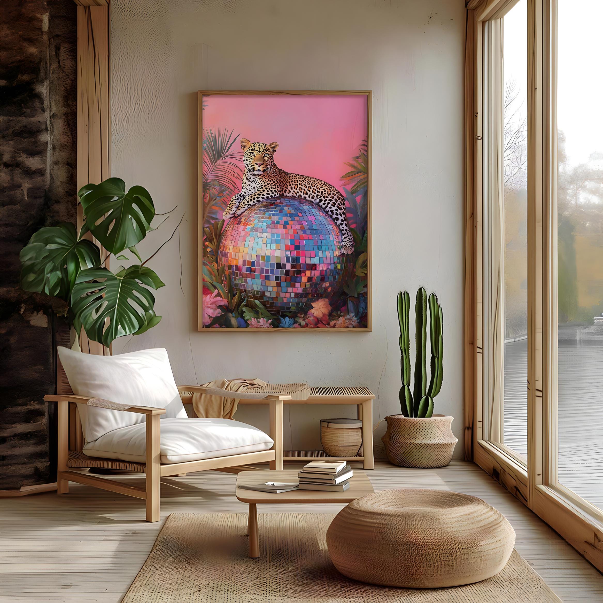 Leopard on Disco Ball Poster, Leopard Wall Art, Maximalist Wall Decor ...