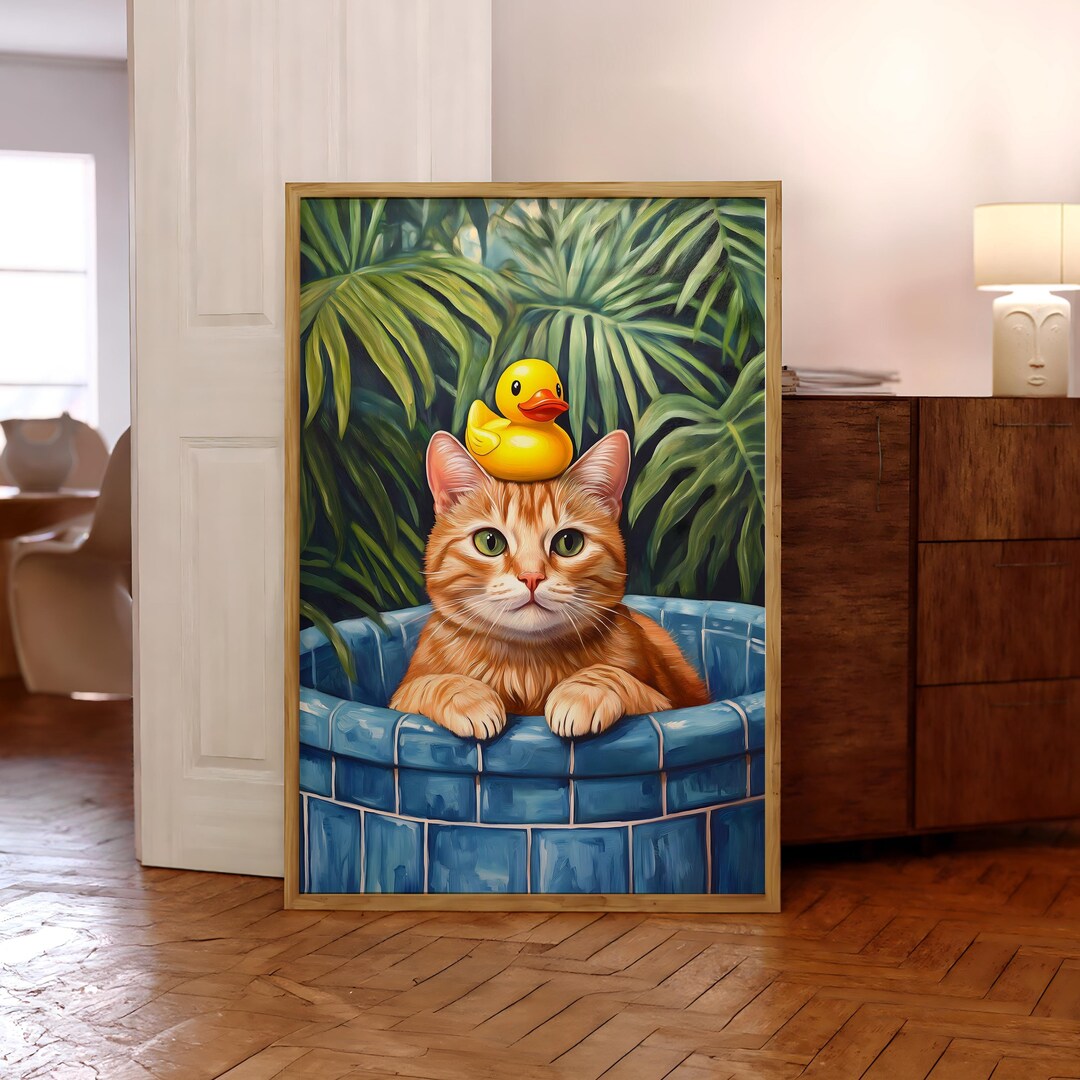 Cat Rubber Duck Poster, Orange Cat in Bathtub Print, Jungle Wall Art ...