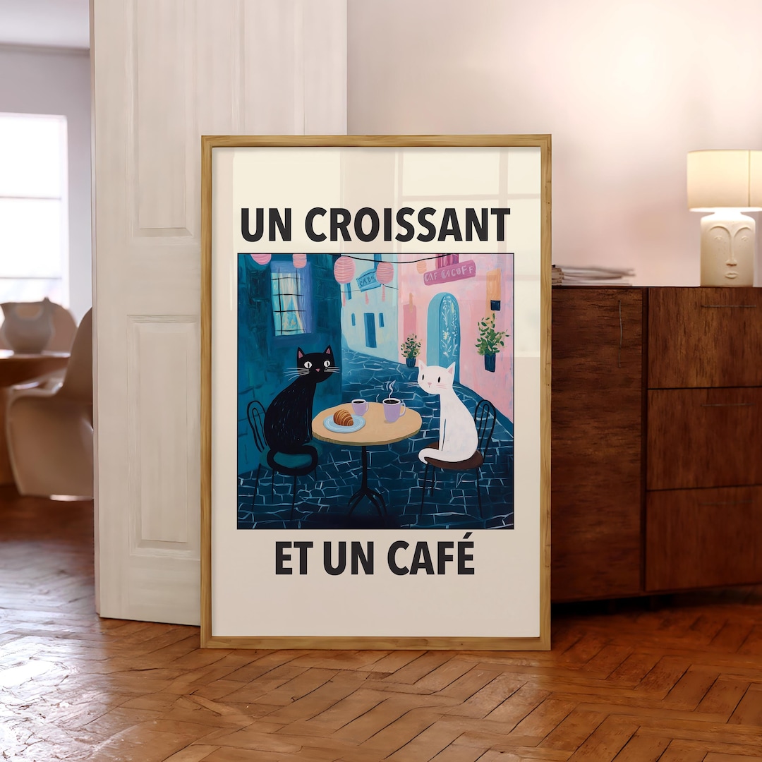 French Cafe Cats Print, Coffee and Croissant Cat Poster, Kitchen Wall ...