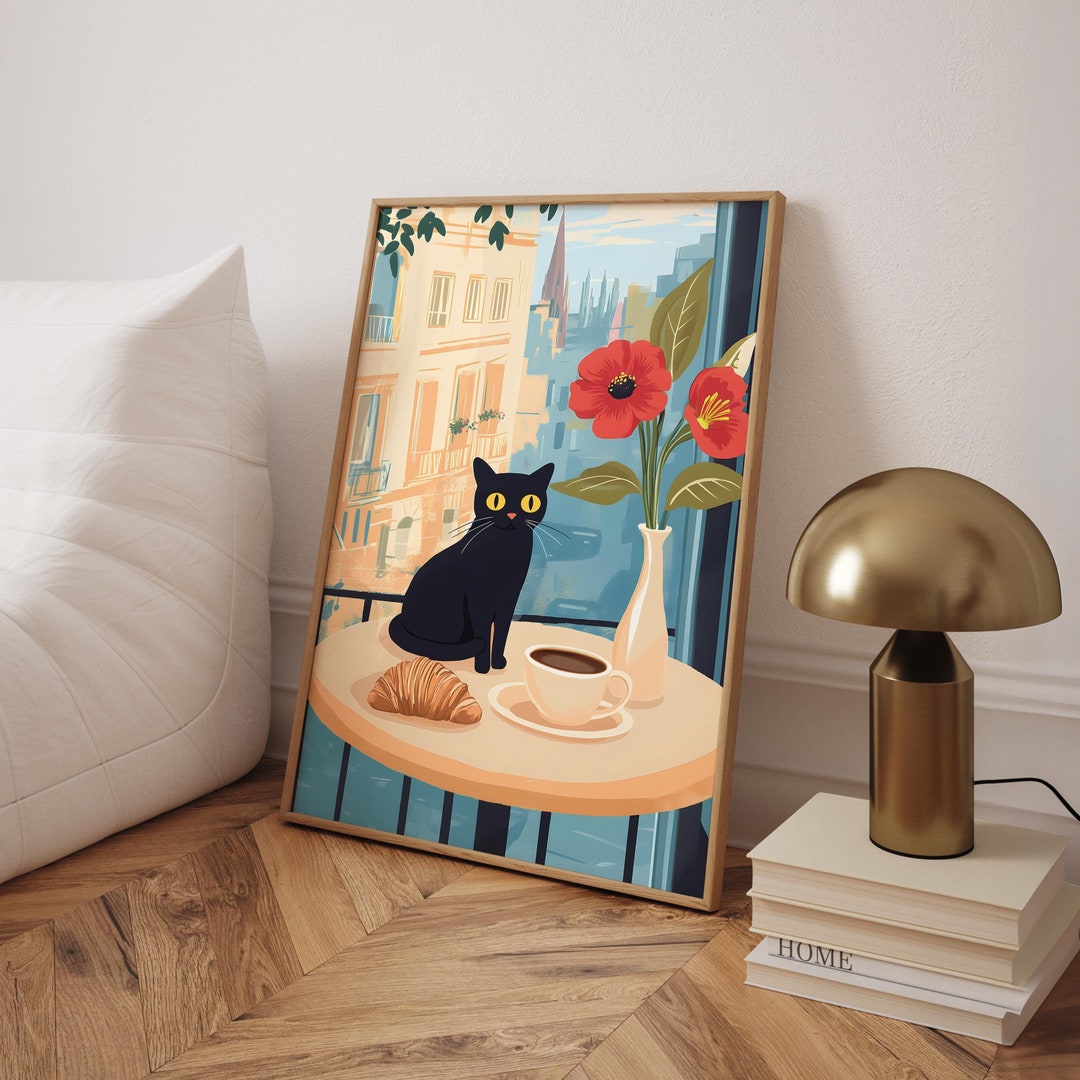 Black Cat French Café Print, Coffee and Croissant Cat Poster, Kitchen ...