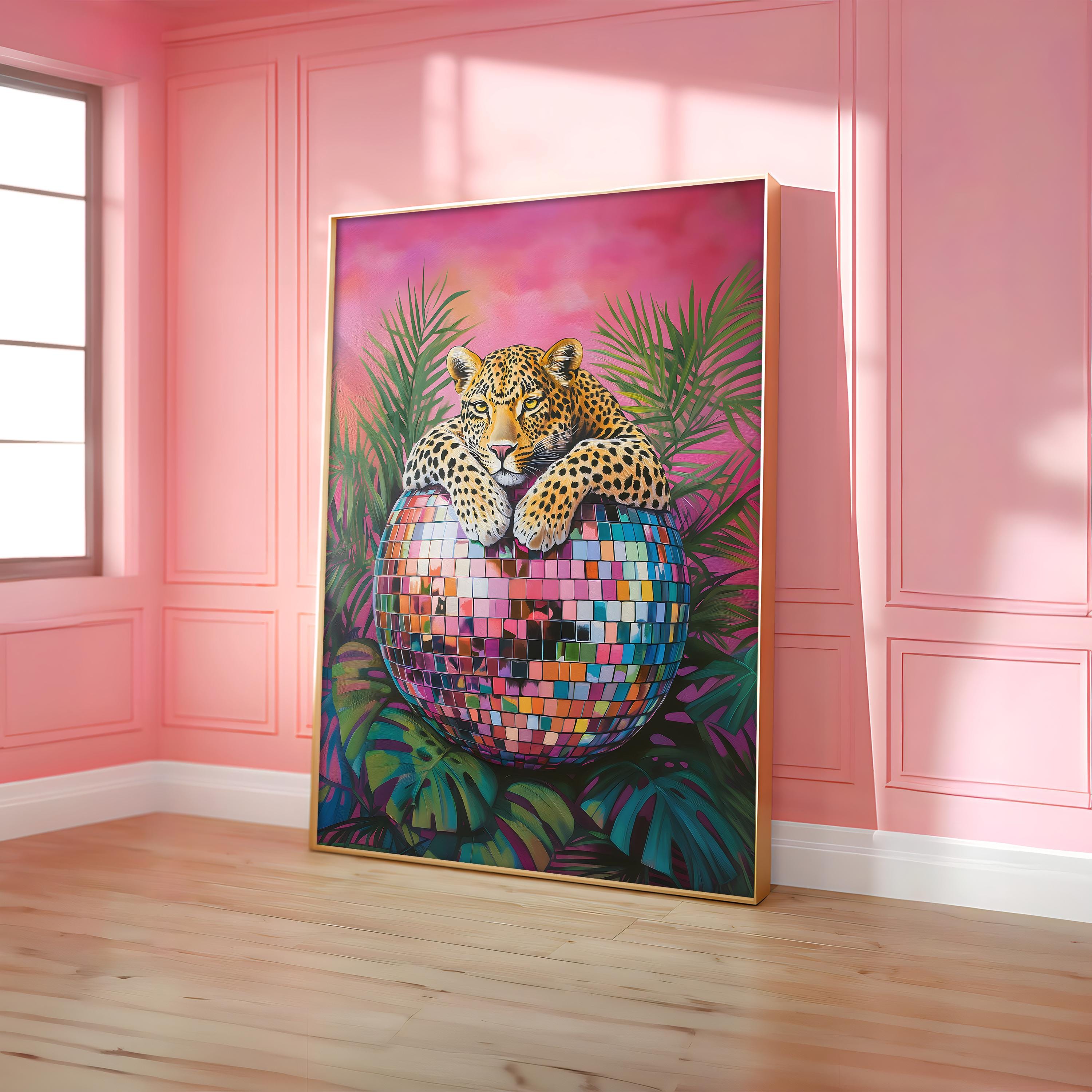 Leopard on Disco Ball Poster, Leopard Wall Art, Maximalist Wall Decor ...