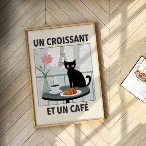 French Cafe Black Cat Print, Coffee and Croissant Cat Poster, Kitchen ...