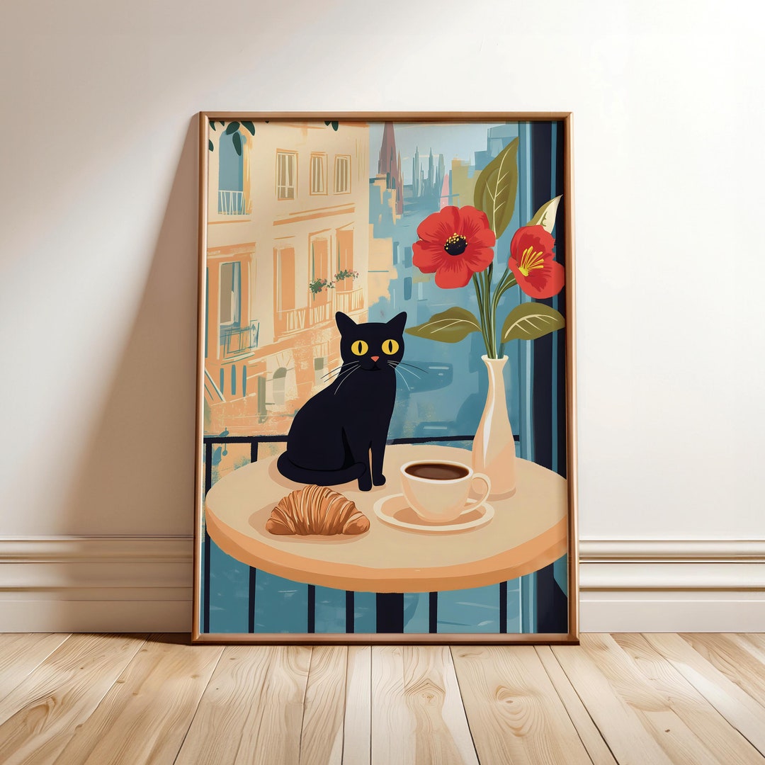 Black Cat French Café Print, Coffee and Croissant Cat Poster, Kitchen ...