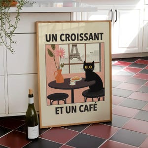 French Cafe Black Cat Print, Coffee and Croissant Cat Poster, Kitchen ...