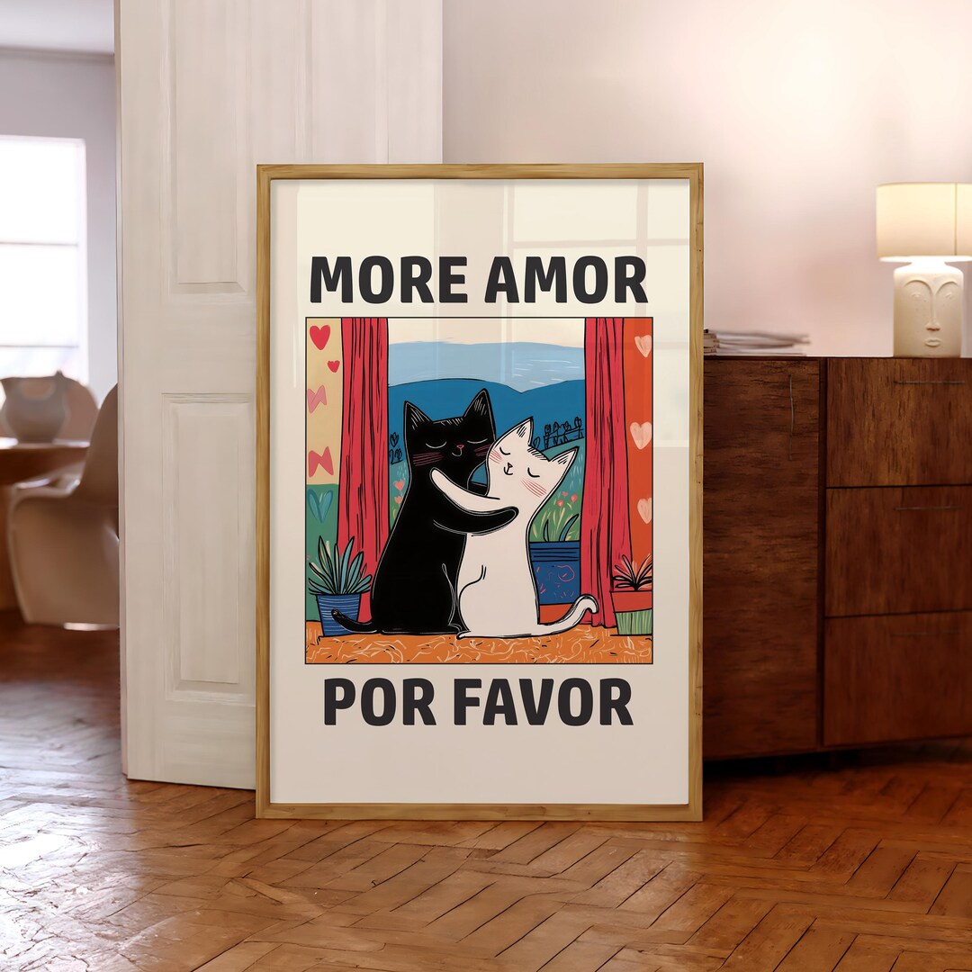 Cat Love Poster, More Amor Por Favor Print, Minimalist Cats Wall Art ...