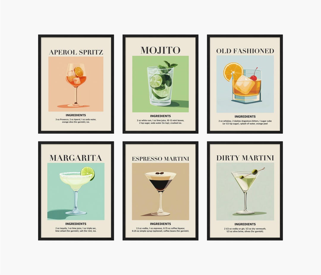 Set of 6 Cocktail Poster, Bar Cart Print, Party Drink Wall Art, Retro ...