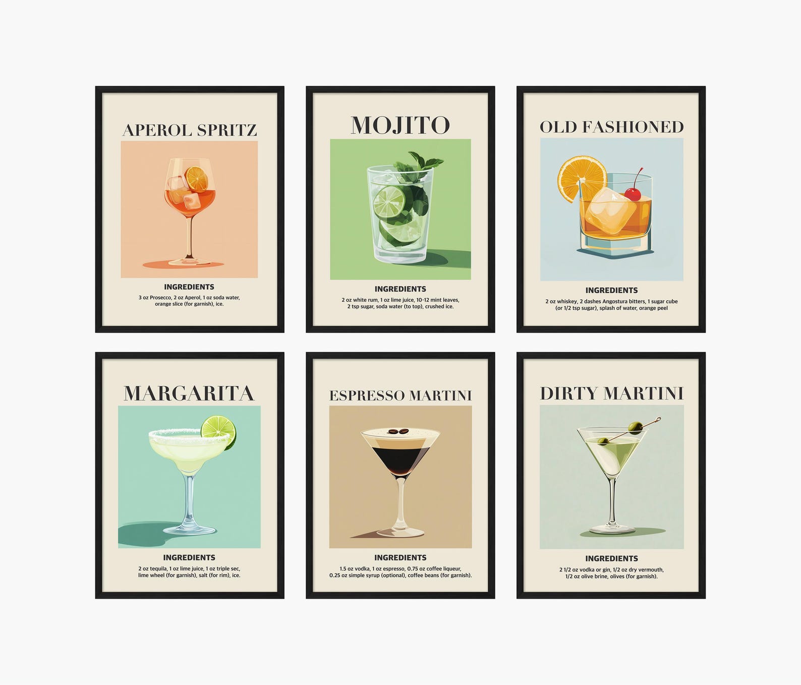Set of 6 Cocktail Poster, Bar Cart Print, Party Drink Wall Art, Retro ...