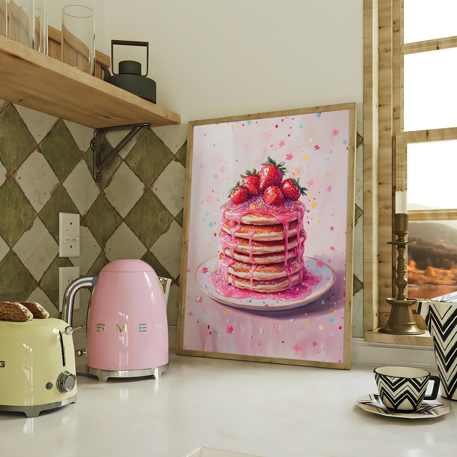 Pink Pancakes Poster, Pancake Art Print, Retro Food Wall Art, Vintage ...