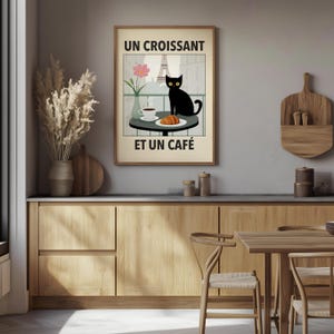 French Cafe Black Cat Print, Coffee and Croissant Cat Poster, Kitchen ...