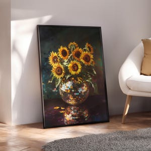 Sunflowers Disco Ball Print, Maximalist Funky Floral Poster, Retro ...
