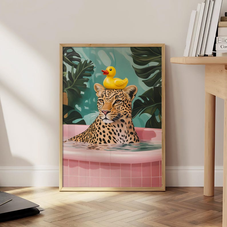 Leopard in Bathtub Print, Leopard Rubber Duck Poster, Jungle Wall Art ...