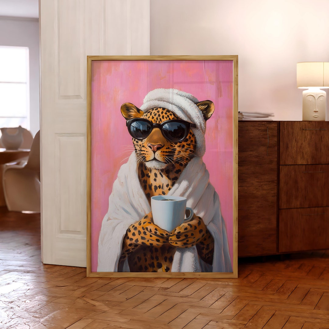 Leopard Drinking Coffee Poster, Leopard Wall Art, Pink Leopard Print ...