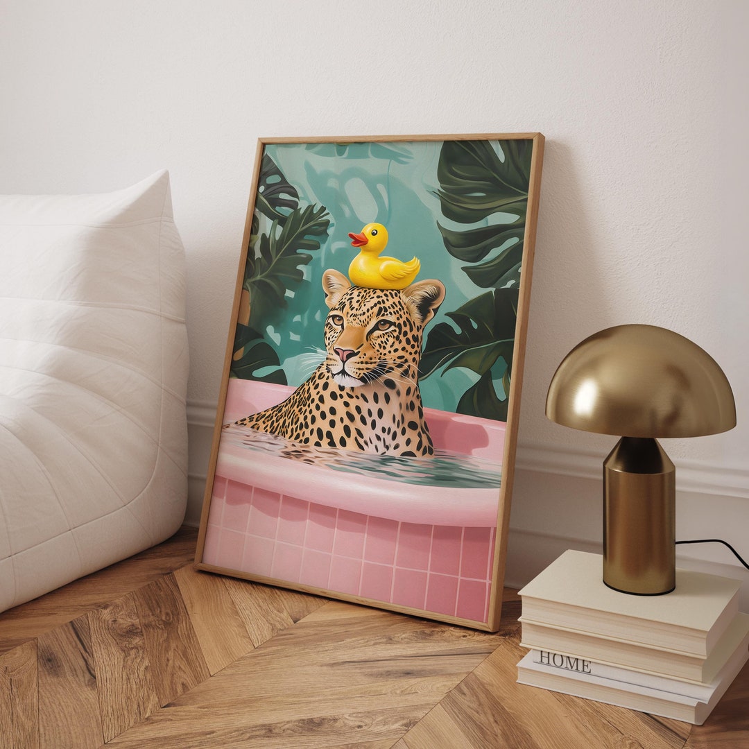 Leopard in Bathtub Print, Leopard Rubber Duck Poster, Jungle Wall Art ...