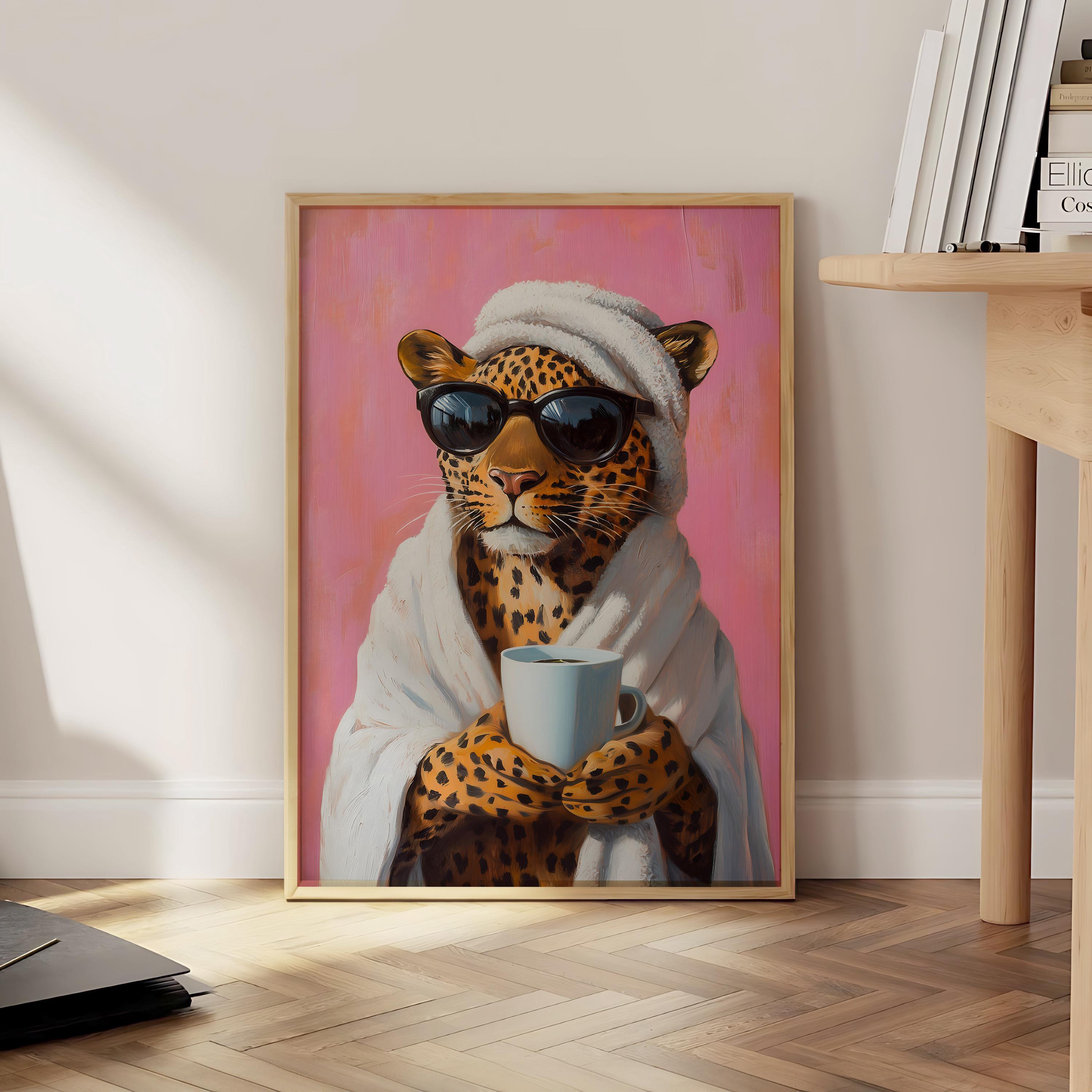 Leopard Drinking Coffee Poster, Leopard Wall Art, Pink Leopard Print ...