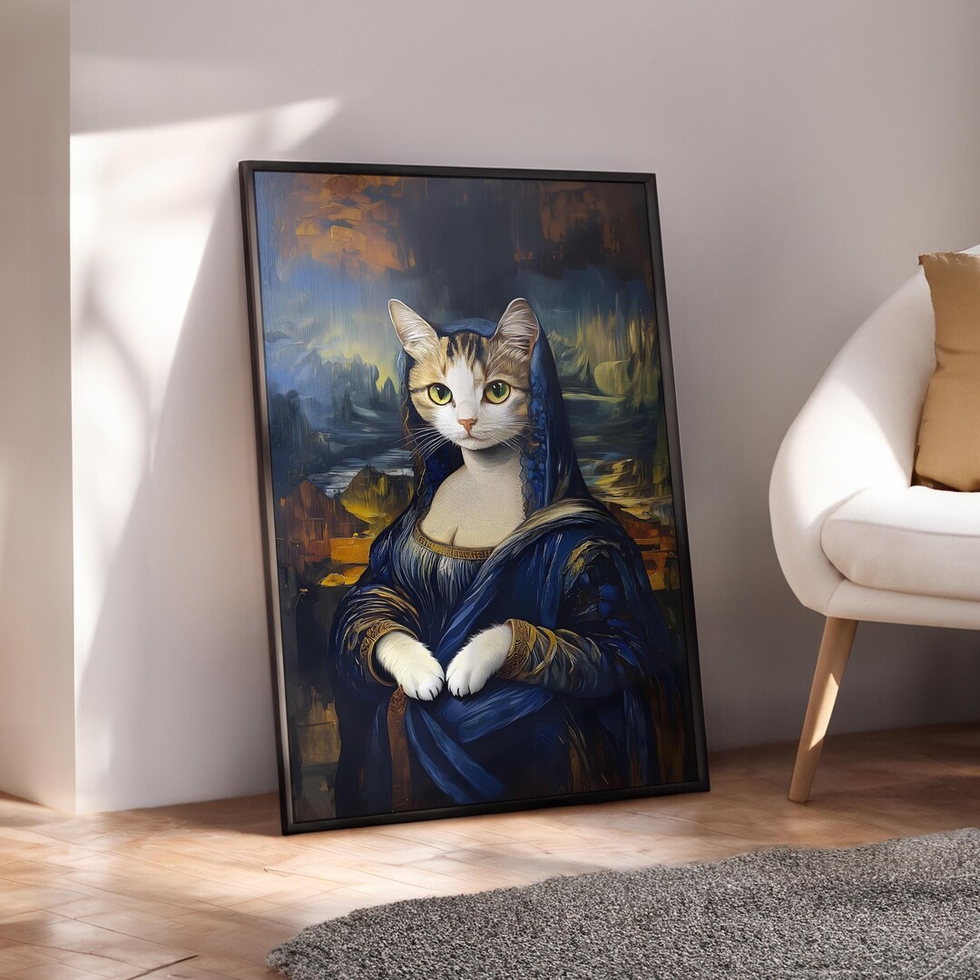 Mona Lisa Cat Print, Cat Painting Poster, Funny Cat Wall Art, Vintage ...