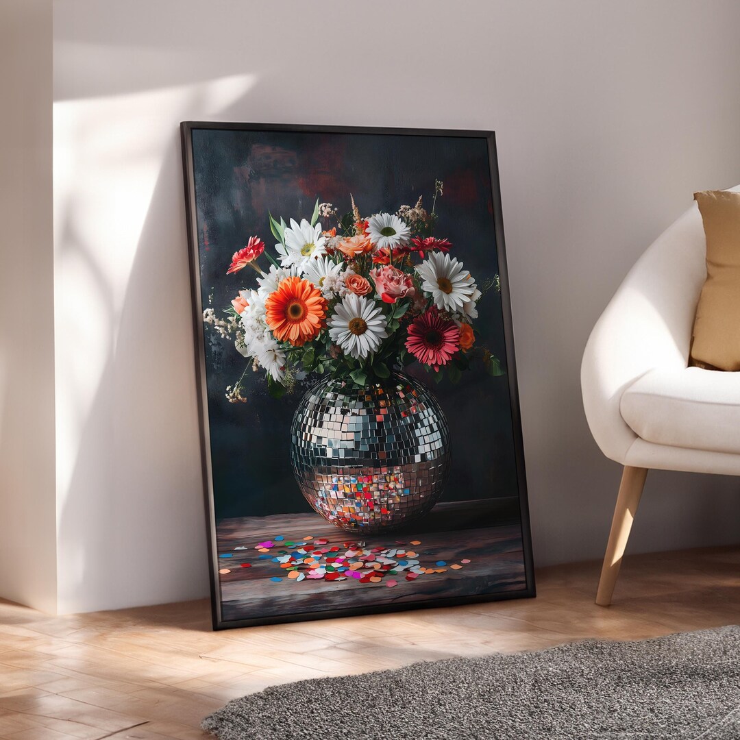 Disco Ball Florals Print, Maximalist Funky Floral Poster, Retro ...