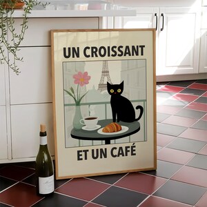 French Cafe Black Cat Print, Coffee and Croissant Cat Poster, Kitchen ...