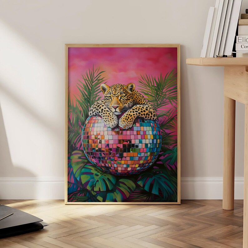 Leopard on Disco Ball Poster, Leopard Wall Art, Maximalist Wall Decor ...