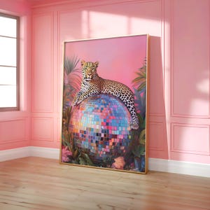 Leopard on Disco Ball Poster, Leopard Wall Art, Maximalist Wall Decor ...