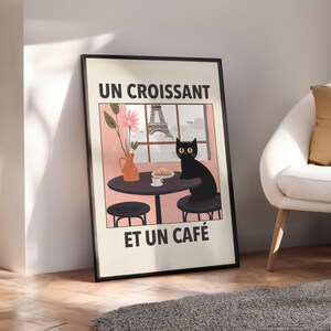 French Cafe Black Cat Print, Coffee and Croissant Cat Poster, Kitchen ...