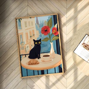 Black Cat French Café Print, Coffee and Croissant Cat Poster, Kitchen ...