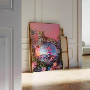 Leopard on Disco Ball Poster, Leopard Wall Art, Maximalist Wall Decor ...