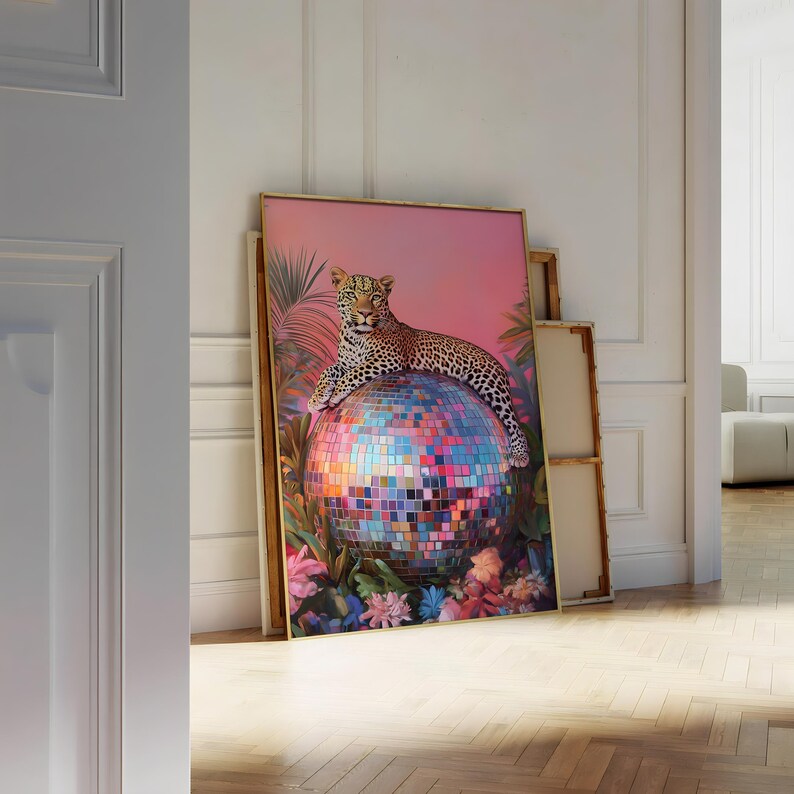 Leopard on Disco Ball Poster, Leopard Wall Art, Maximalist Wall Decor ...