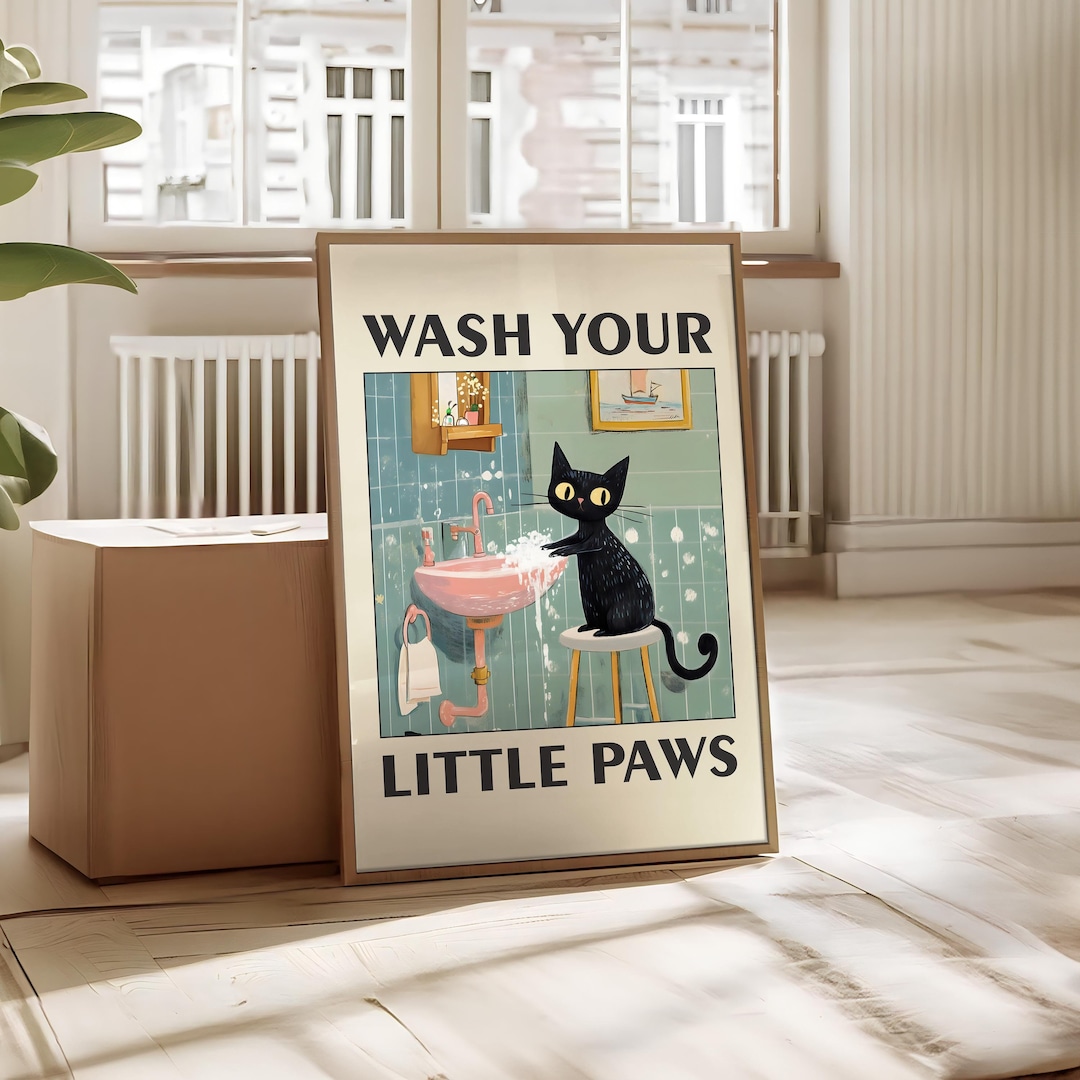 Wash Your Paws Cat Poster, Funny Bathroom Print, Black Cat Wall Art, Funny Toilet Poster ...