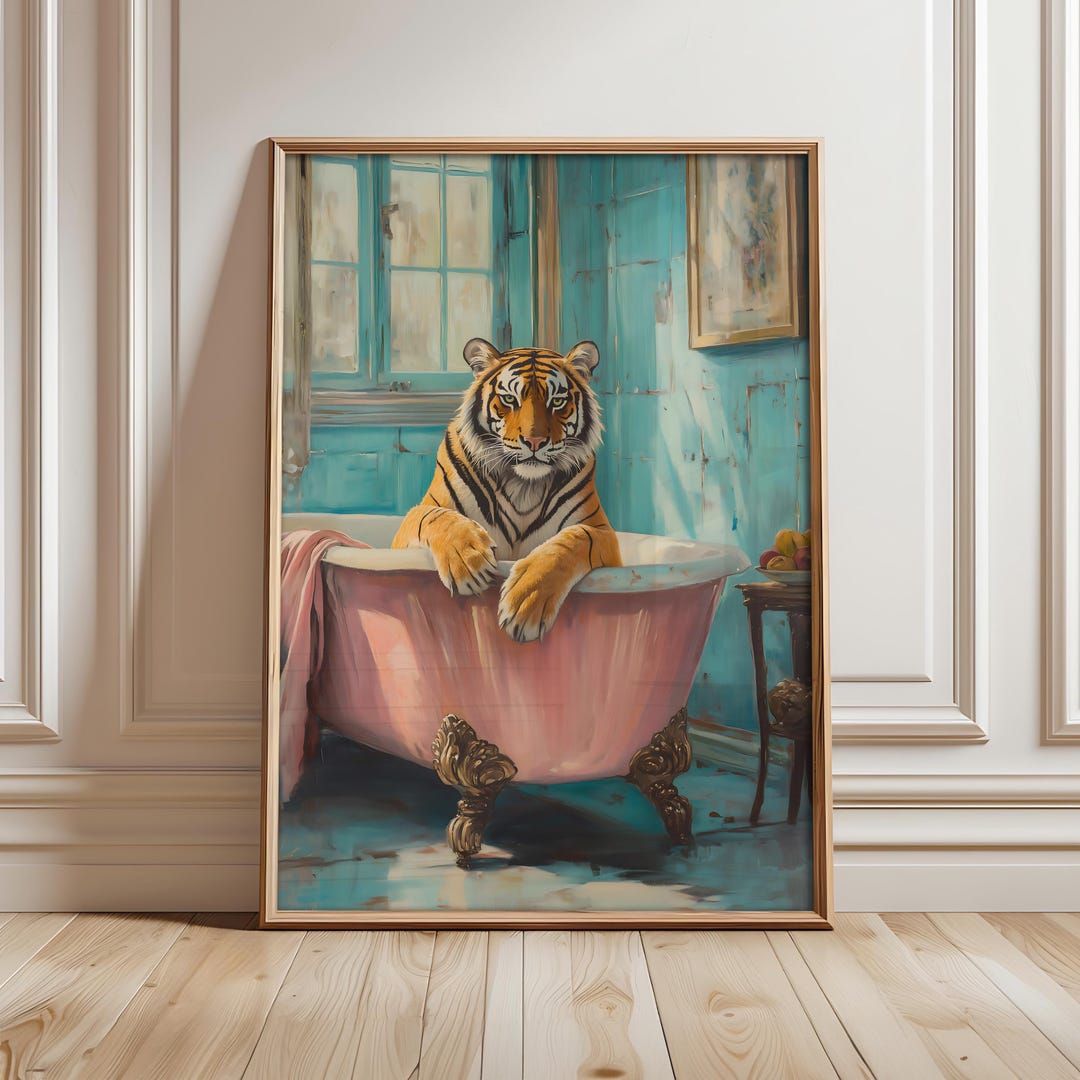 Tiger in Bathroom Poster, Tiger in a Bath Print, Bathroom Wall Art ...