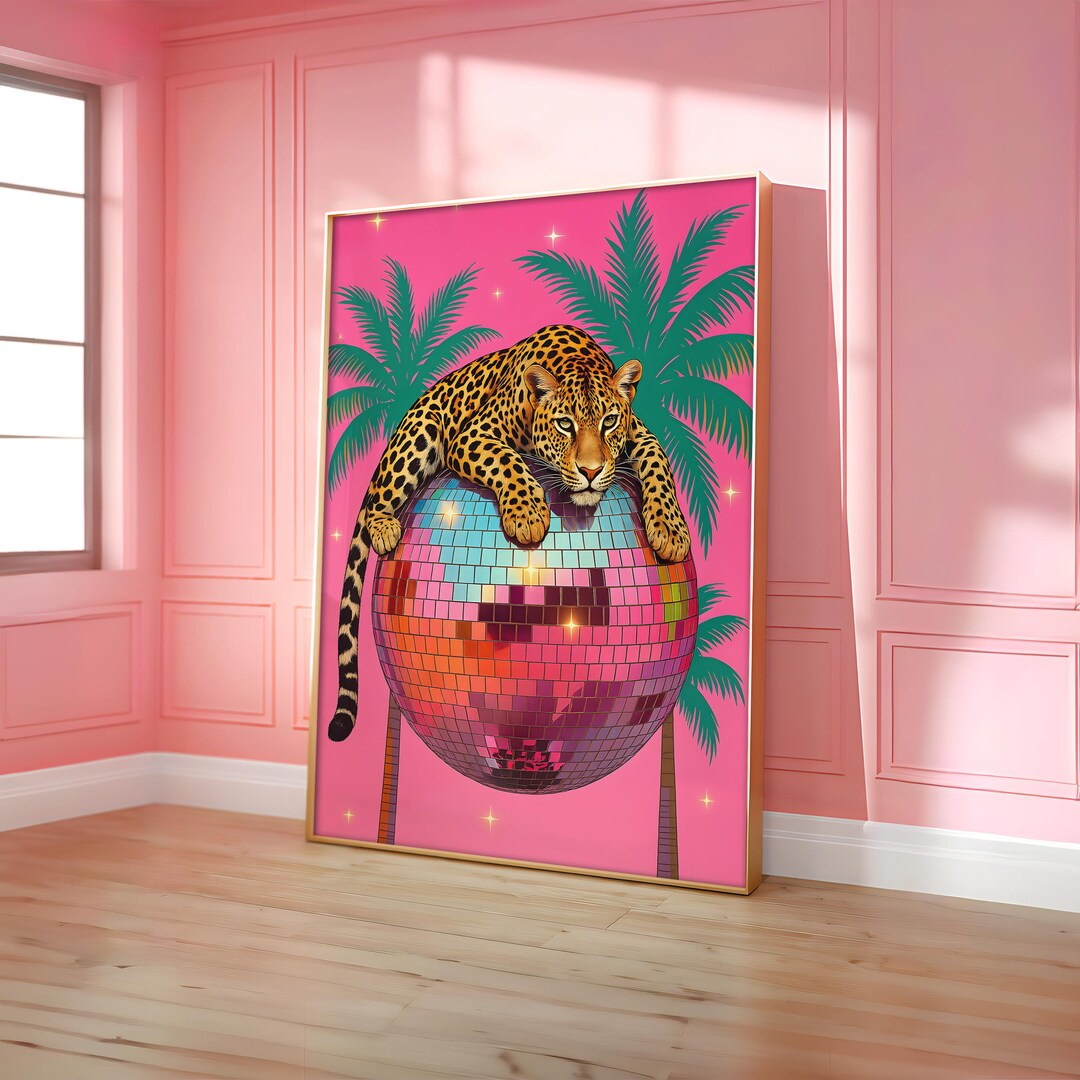 Leopard on Disco Ball Poster, Leopard Wall Art, Maximalist Wall Decor ...