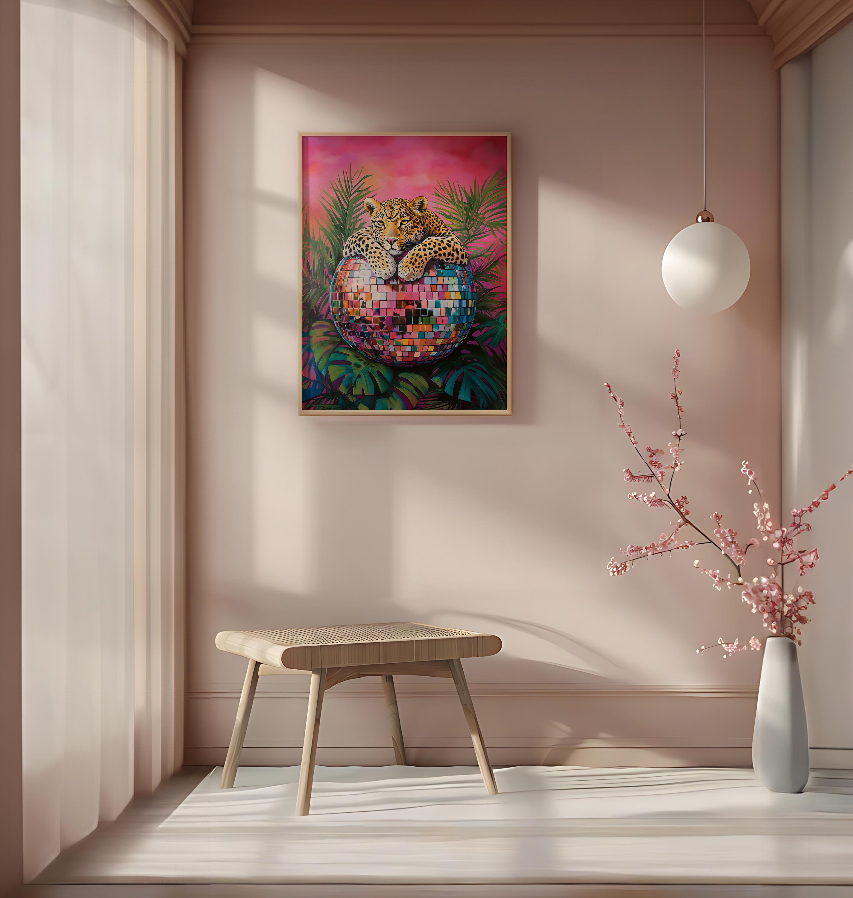 Leopard on Disco Ball Poster, Leopard Wall Art, Maximalist Wall Decor ...