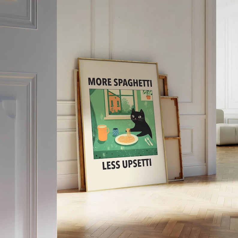 More Spaghetti Less Upsetti Cat Poster, Italian Kitchen Print, Funny ...