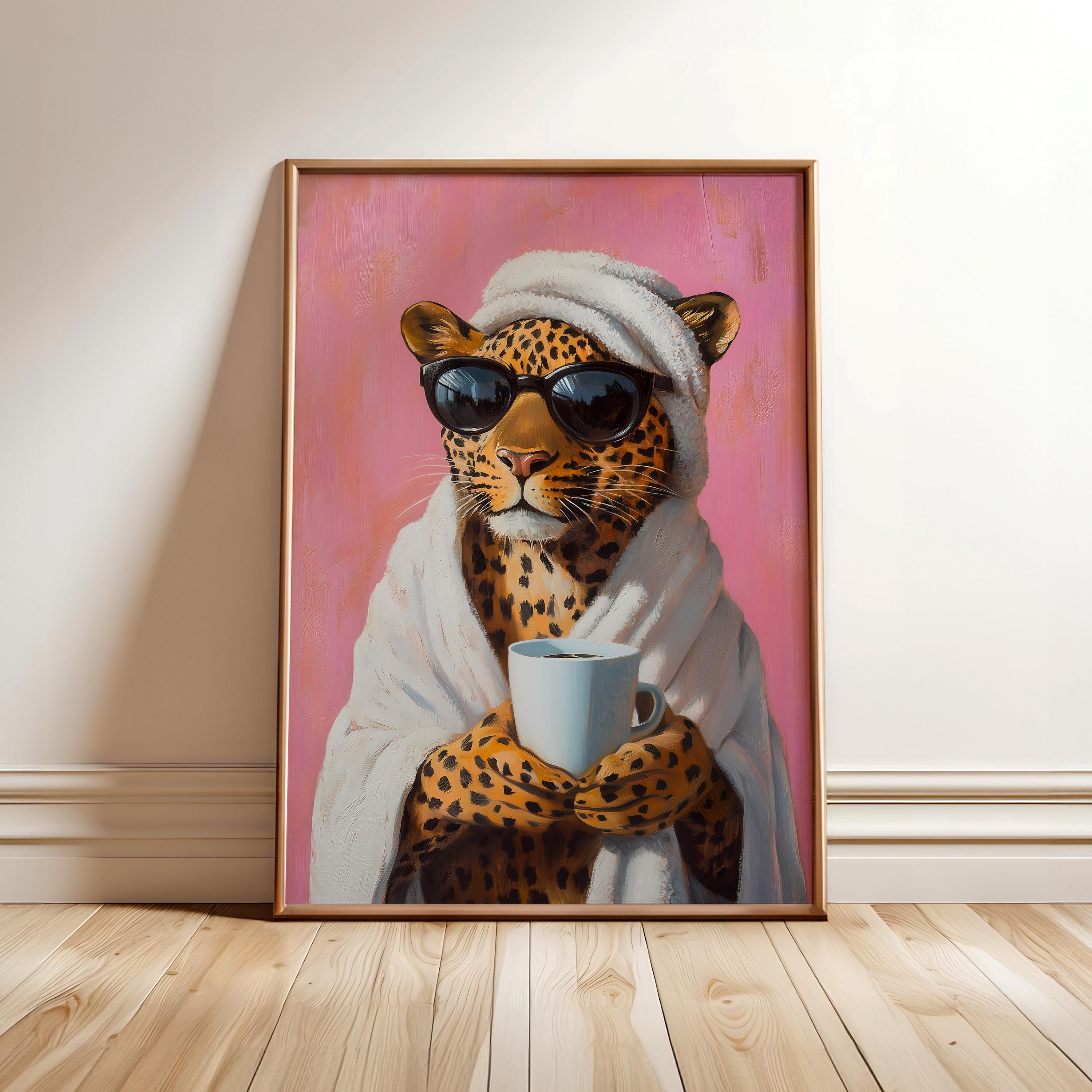 Leopard Drinking Coffee Poster, Leopard Wall Art, Pink Leopard Print ...