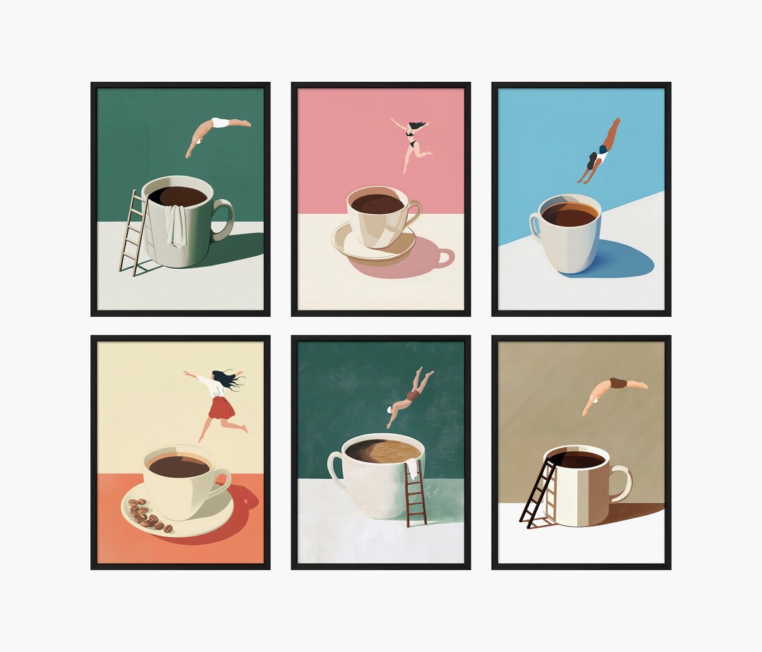 Set of 6 Coffee Poster, Coffee Diver Print, Morning Coffee Poster ...