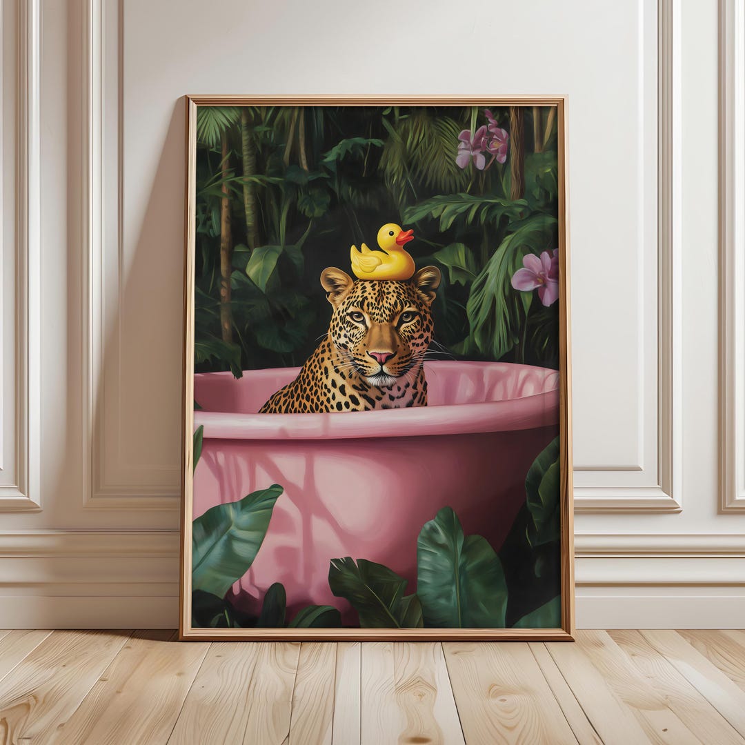 Leopard Rubber Duck Poster, Leopard in Bathtub Print, Jungle Wall Art ...