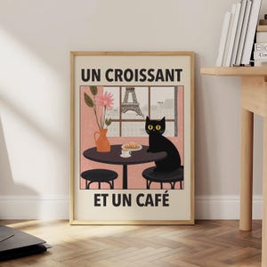 French Cafe Black Cat Print, Coffee and Croissant Cat Poster, Kitchen ...