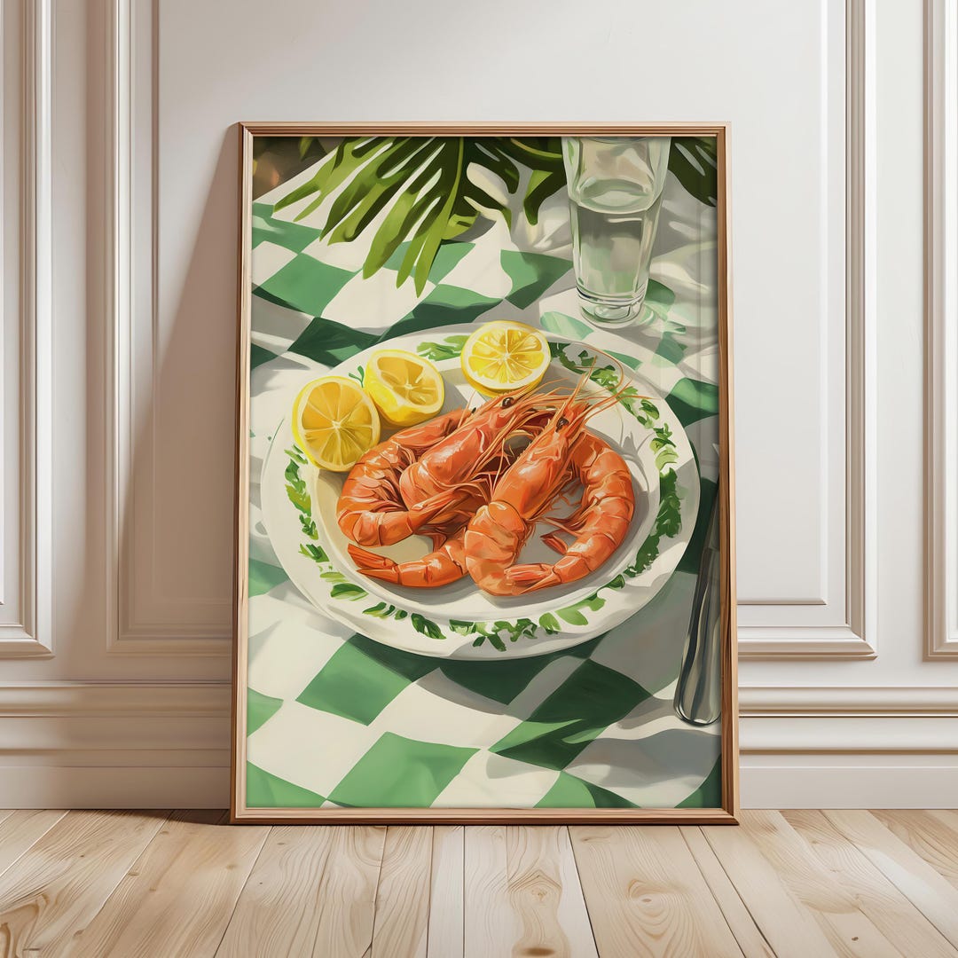 Shrimp Plate Wall Art, Shrimp and Lemons Poster, Vintage Seafood Print ...