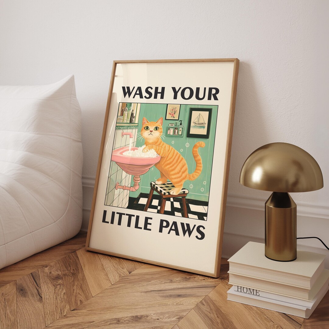 Wash Your Paws Cat Poster, Funny Bathroom Print, Orange Cat Wall Art ...