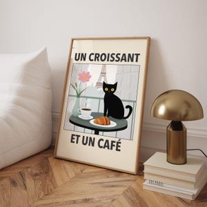 French Cafe Black Cat Print, Coffee and Croissant Cat Poster, Kitchen ...