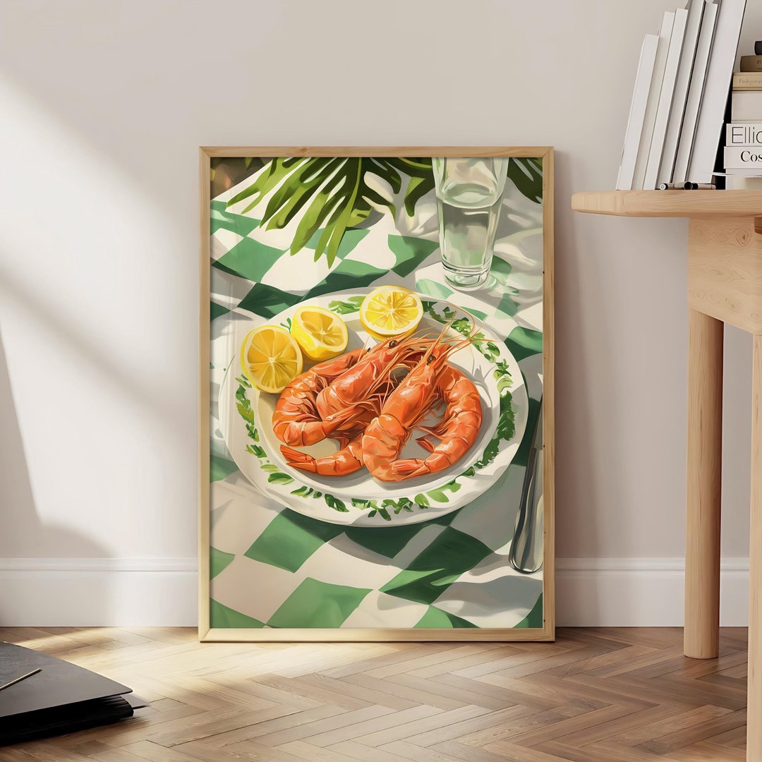 Shrimp Plate Wall Art, Shrimp and Lemons Poster, Vintage Seafood Print ...