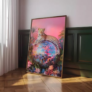 Leopard on Disco Ball Poster, Leopard Wall Art, Maximalist Wall Decor ...