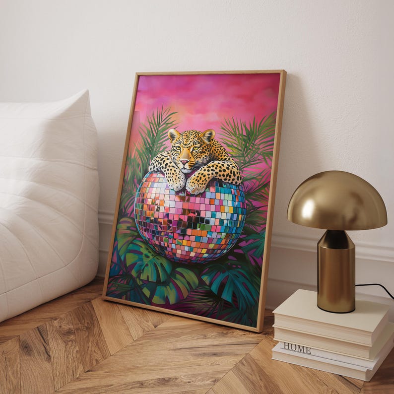 Leopard on Disco Ball Poster, Leopard Wall Art, Maximalist Wall Decor ...