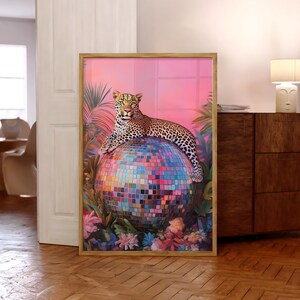 Leopard on Disco Ball Poster, Leopard Wall Art, Maximalist Wall Decor ...