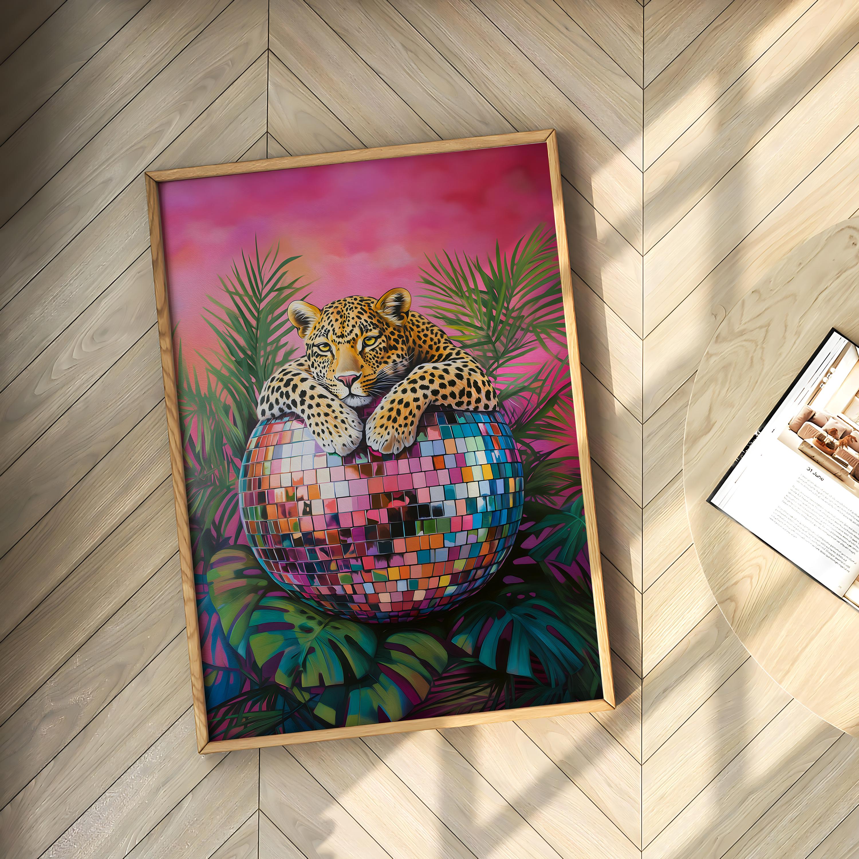 Leopard on Disco Ball Poster, Leopard Wall Art, Maximalist Wall Decor ...