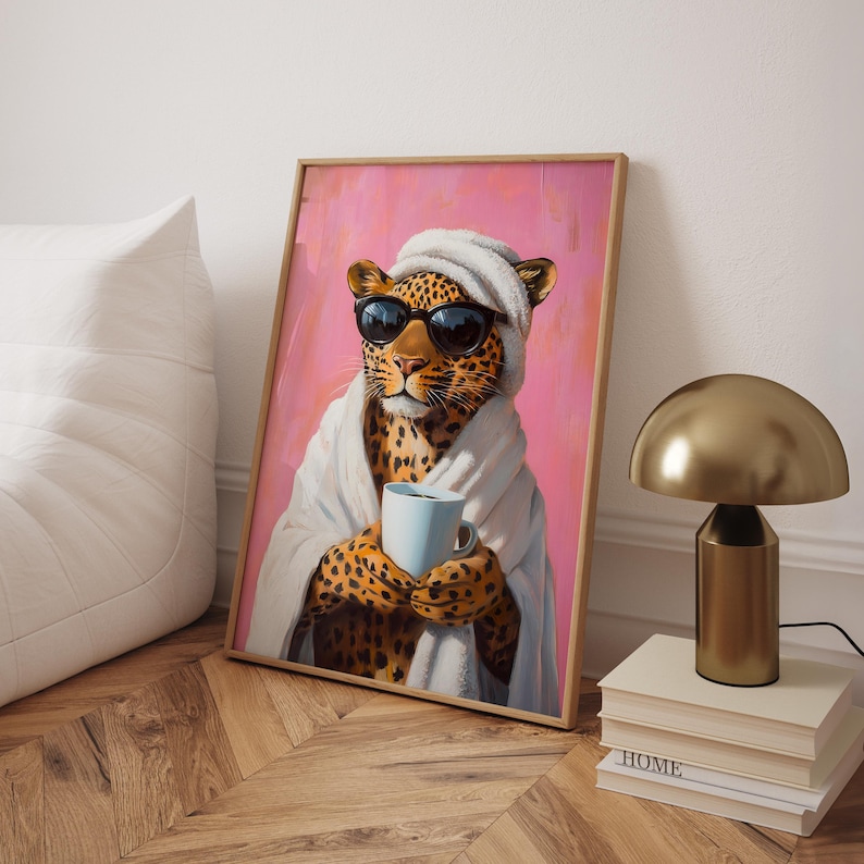 Leopard Drinking Coffee Poster, Leopard Wall Art, Pink Leopard Print ...