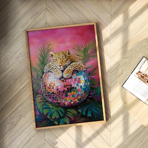 Leopard on Disco Ball Poster, Leopard Wall Art, Maximalist Wall Decor ...
