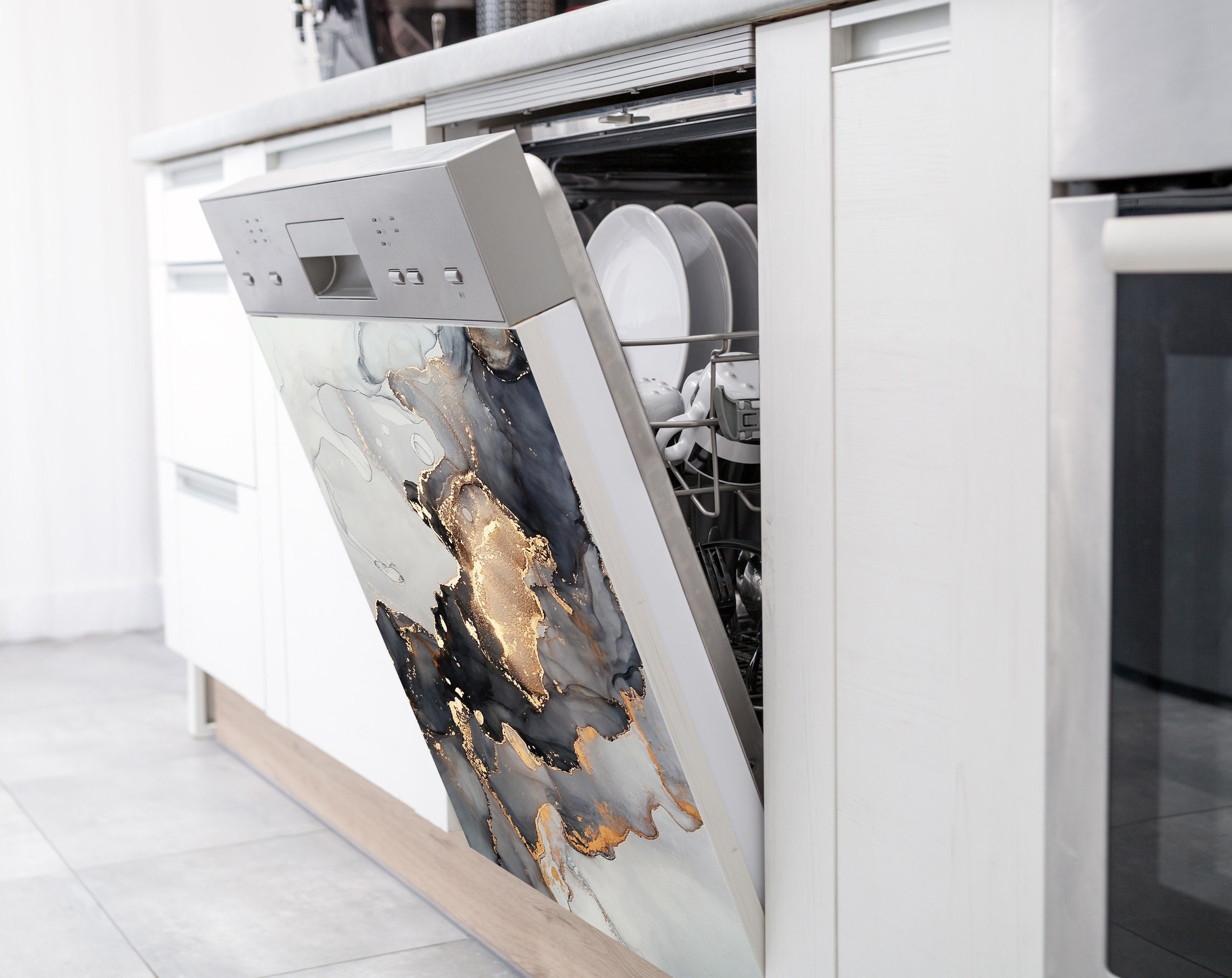 Dishwasher Acrylic Oil Skin Black & Gold Waterproof Sticker Marble ...